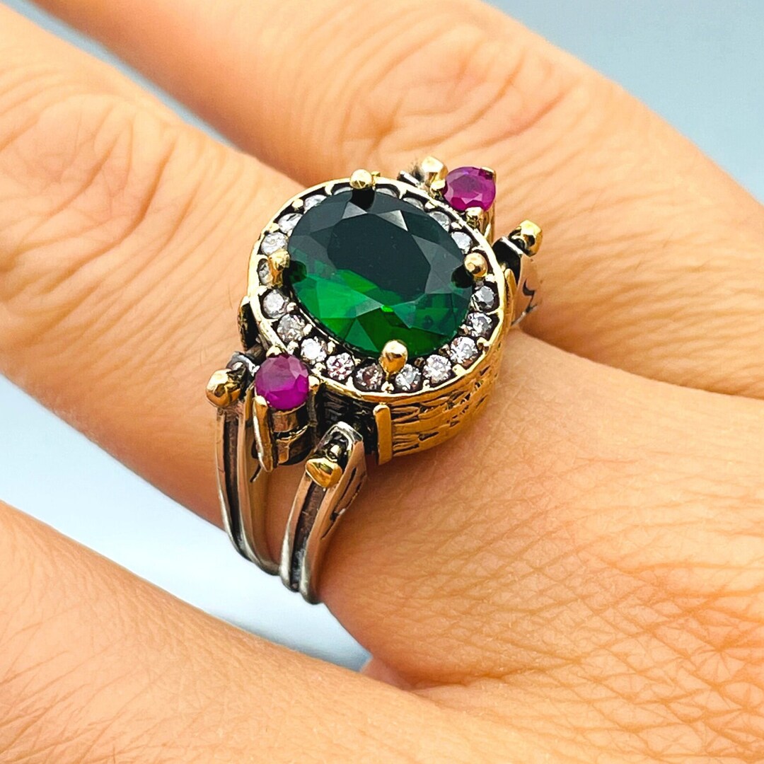 Two Rings in One, Emerald and Zircon Stone Women's Sterling Silver Ring ...