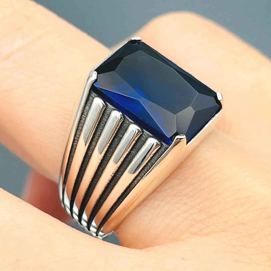 Mens Blue Sapphire Square Stone Ring, Turkish Handmade Ring, 925 Sterling Silver Ring, Gift ...