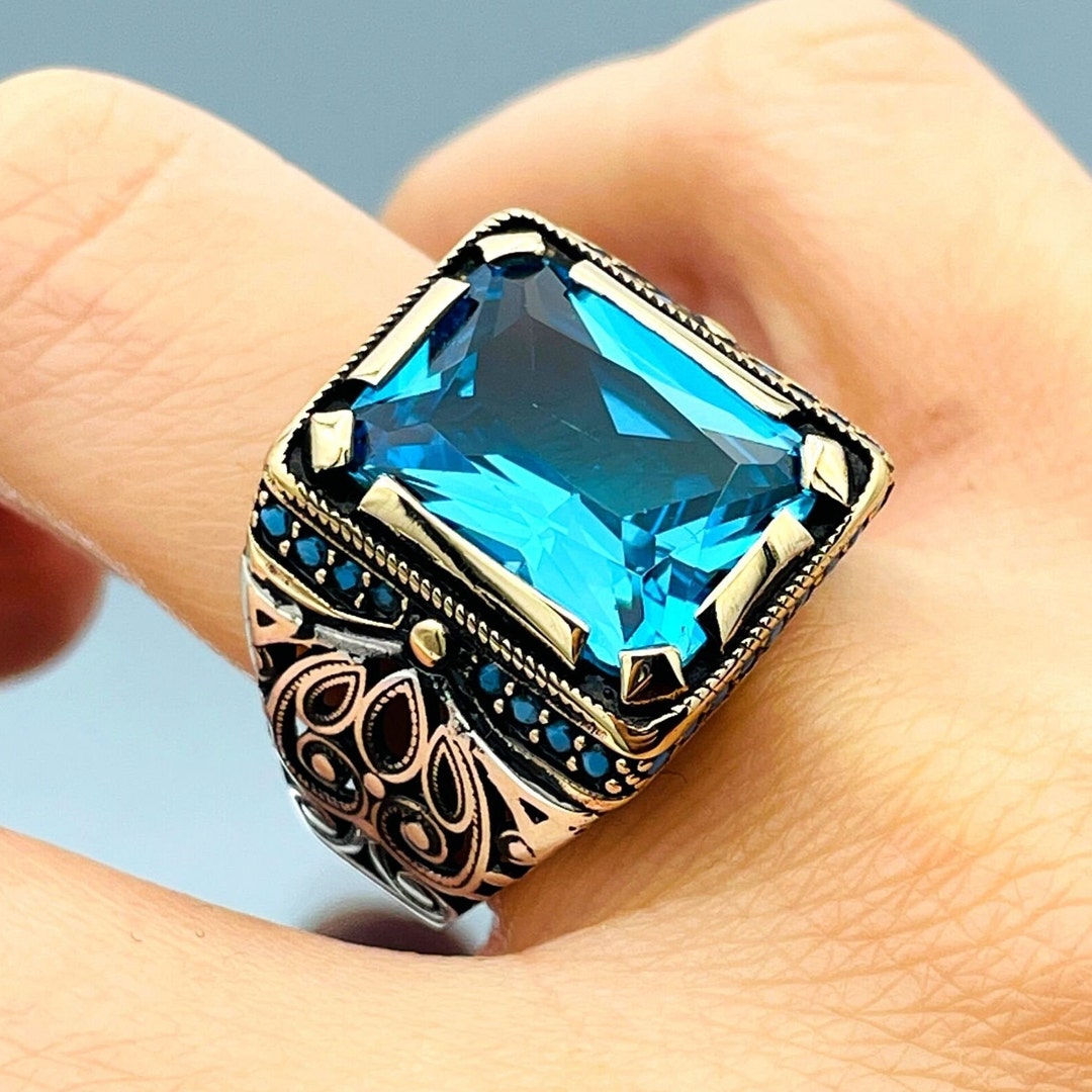 Men's Blue Aquamarine Stone Ring, Turkish Handmade Ring, Squared Stone ...