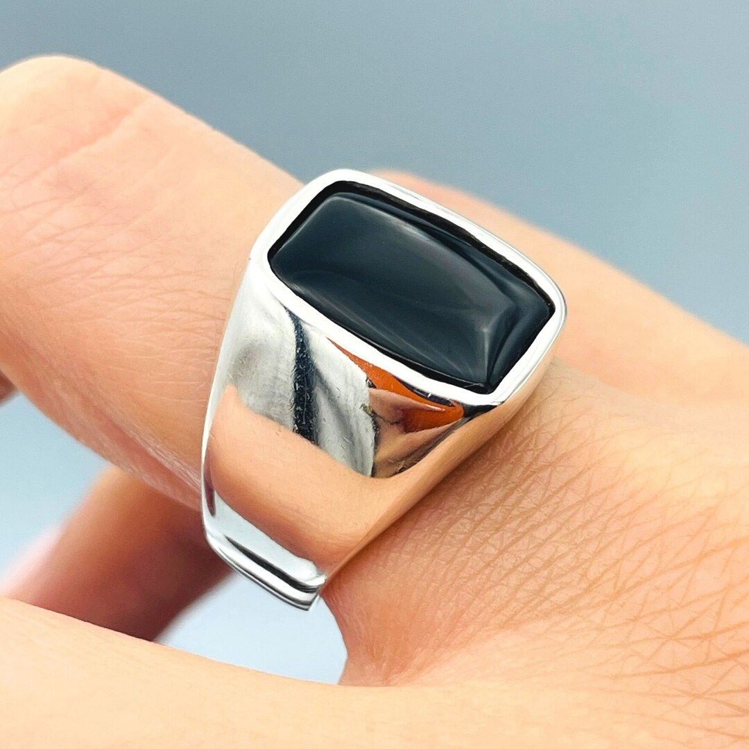 Men's Black Onyx Rectangle Stone Handmade Silver Ring, Classic Style ...