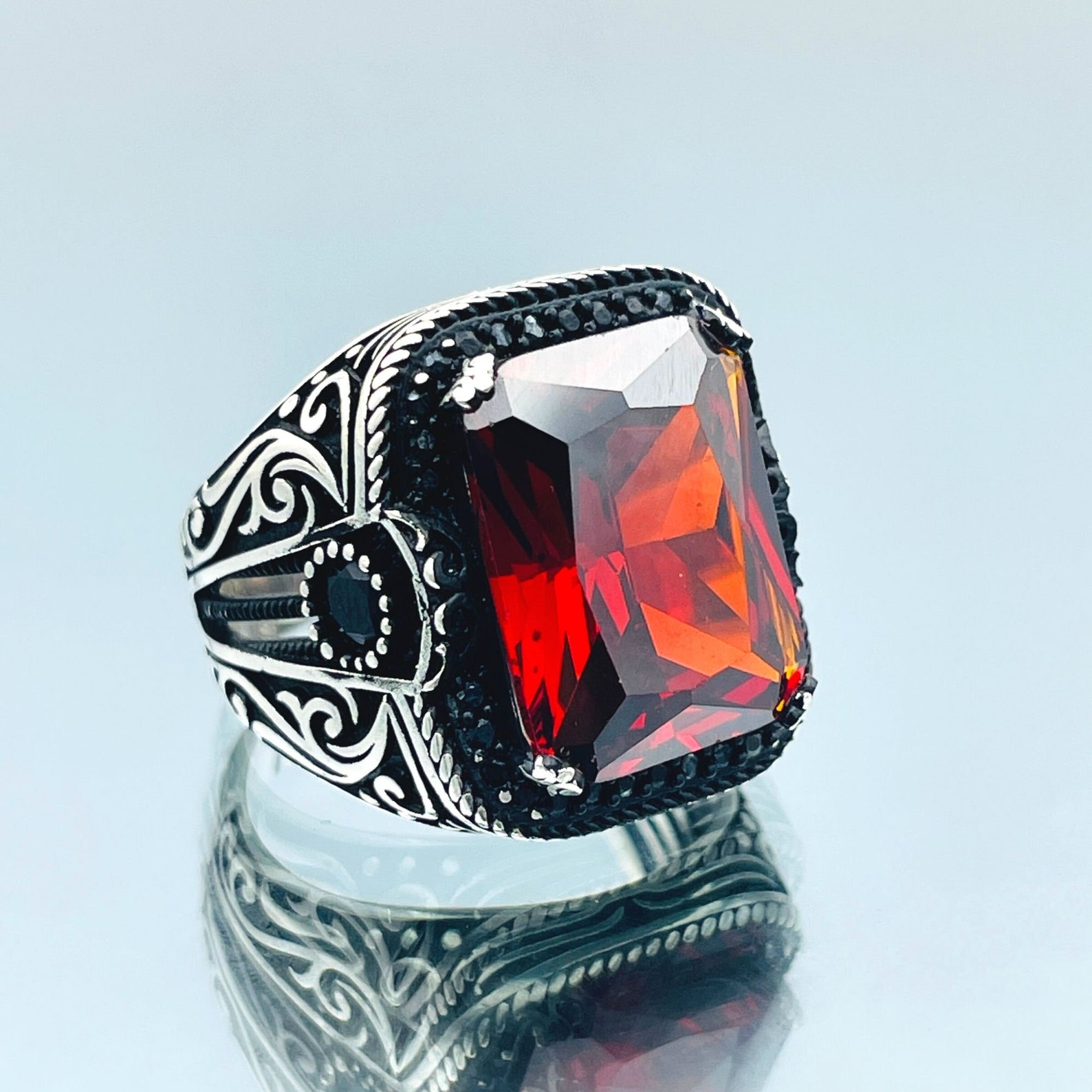 Men's Red Ruby Ring: Turkish Handmade 925 Sterling Silver Ottoman Style ...