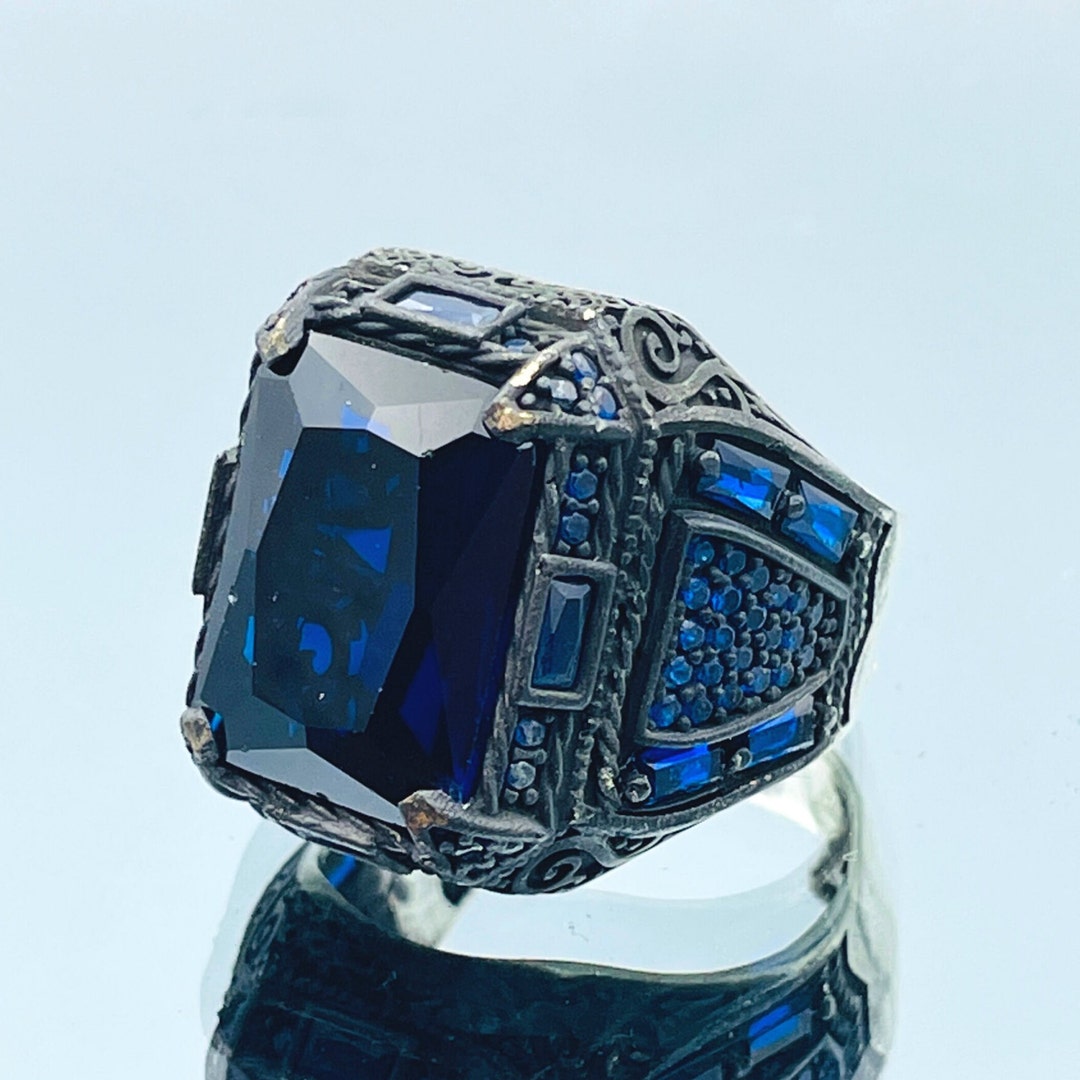 Handmade Blue Sapphire Men's Ring: Square Stone, 925 Silver - Etsy