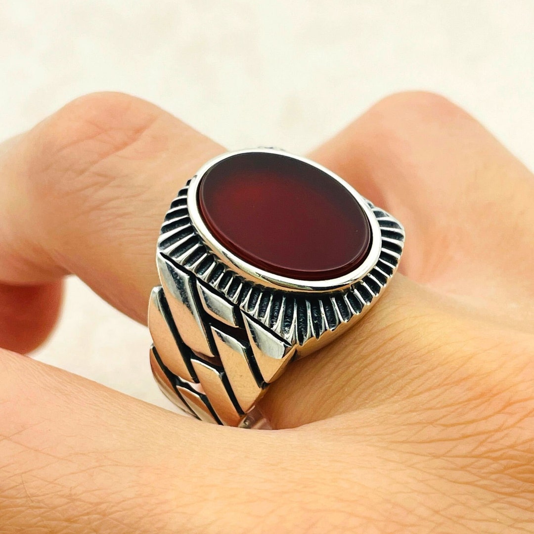 Agate Stone Mens Ring Men, Red Oval Stone Turkish Handmade Silver Ring ...