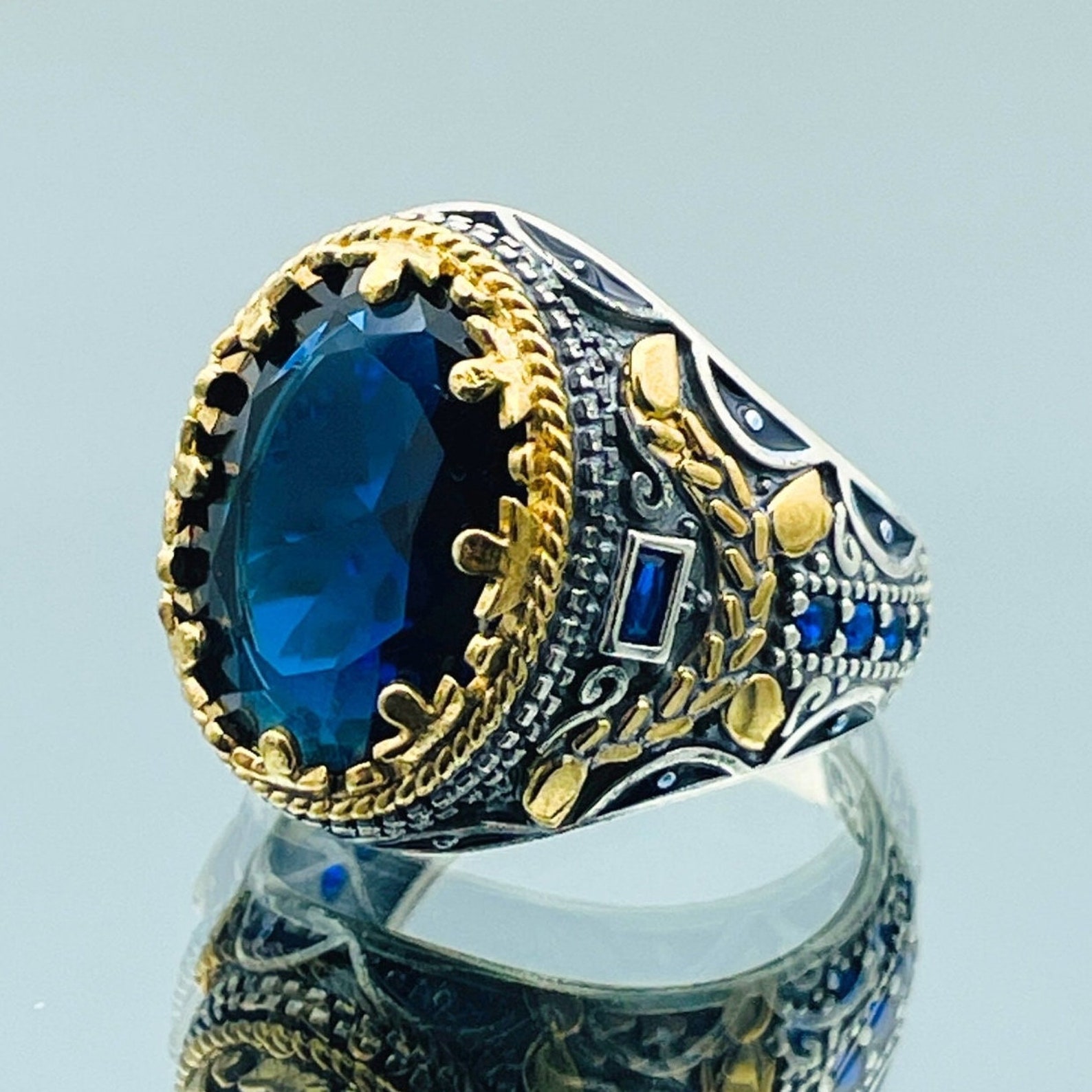 Blue Sapphire Stone Ring: Handmade 925 Sterling Silver Turkish Design ...