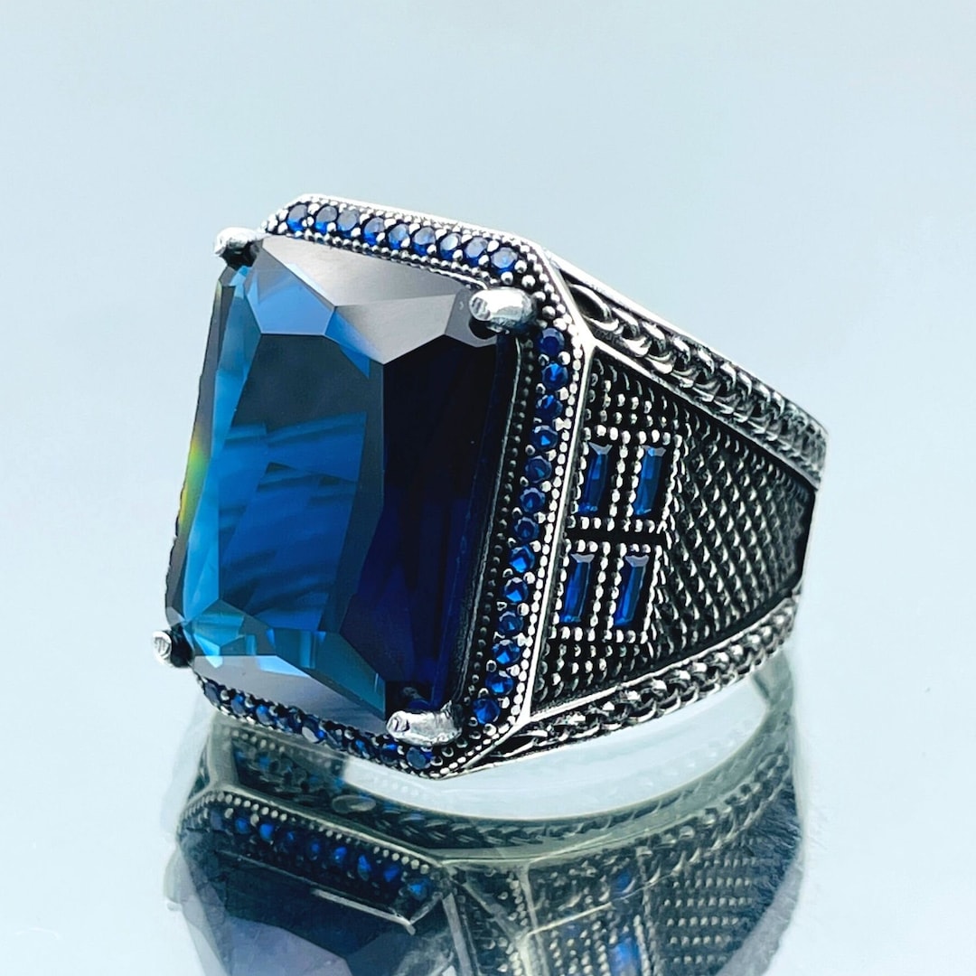 Mens Blue Sapphire Stone Silver Ring, Turkish Handmade Silver Ring ...