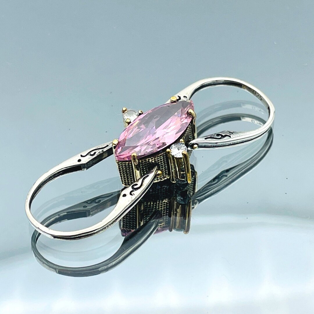 Marquise Cut Pink Quartz and White Zircon 2 Band Woman Ring, Two in a ...