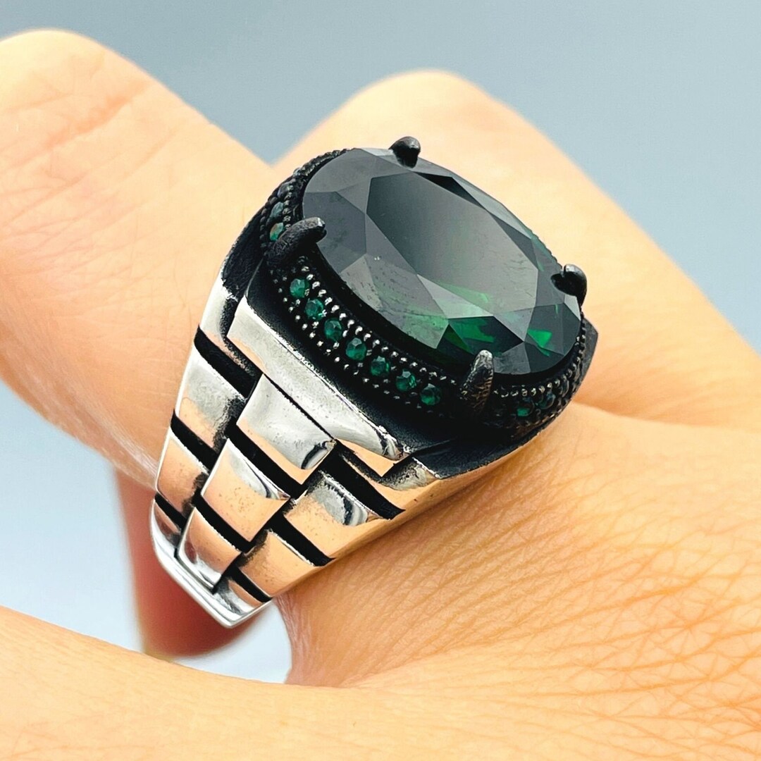 Men's Green Emerald Stone Ring, Turkish Handmade Ring, Oval Shap Stone ...