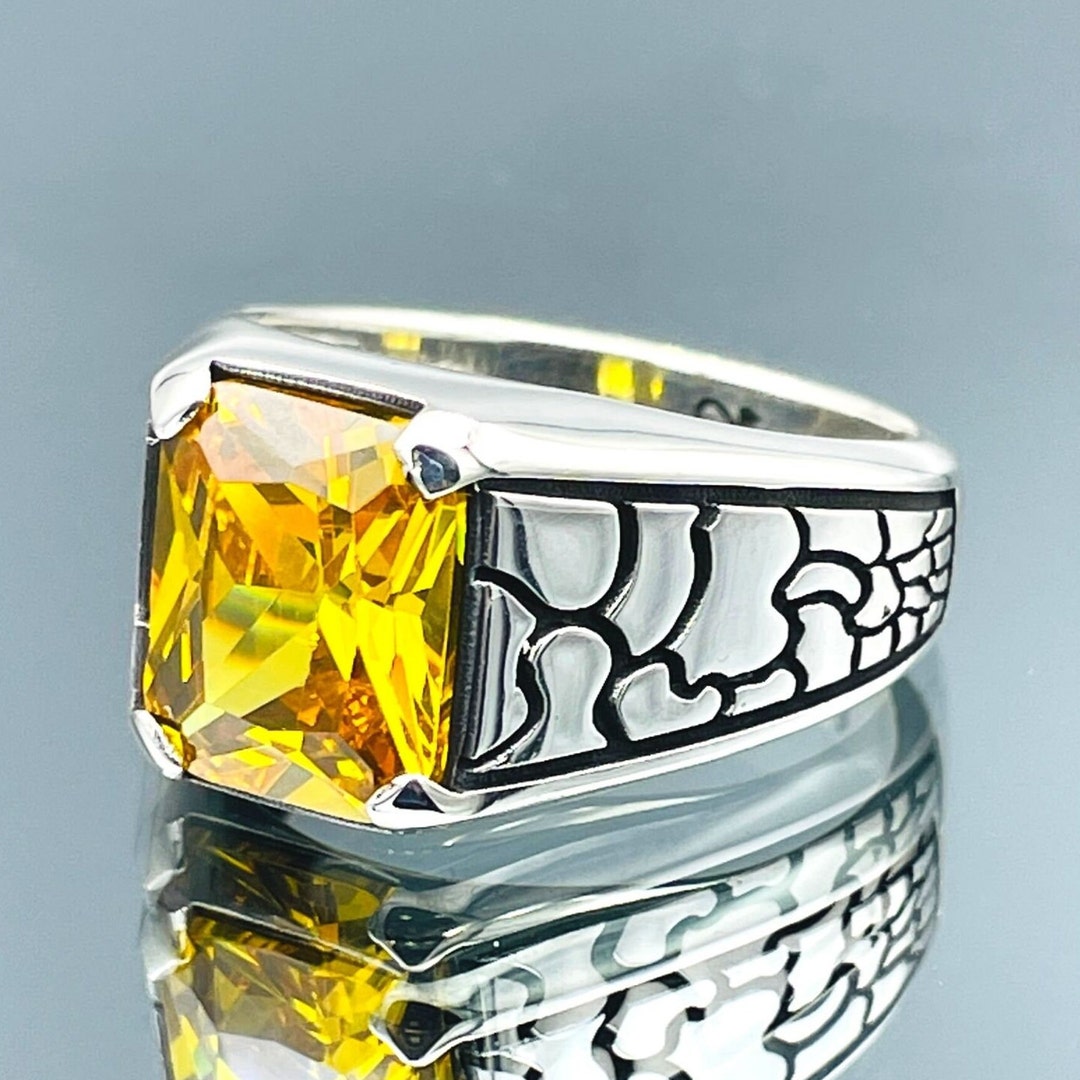 Yellow Citrine Stone Mens Ring, Square Stone Minimalist Silver Ring, Turkish Silver Ring ...
