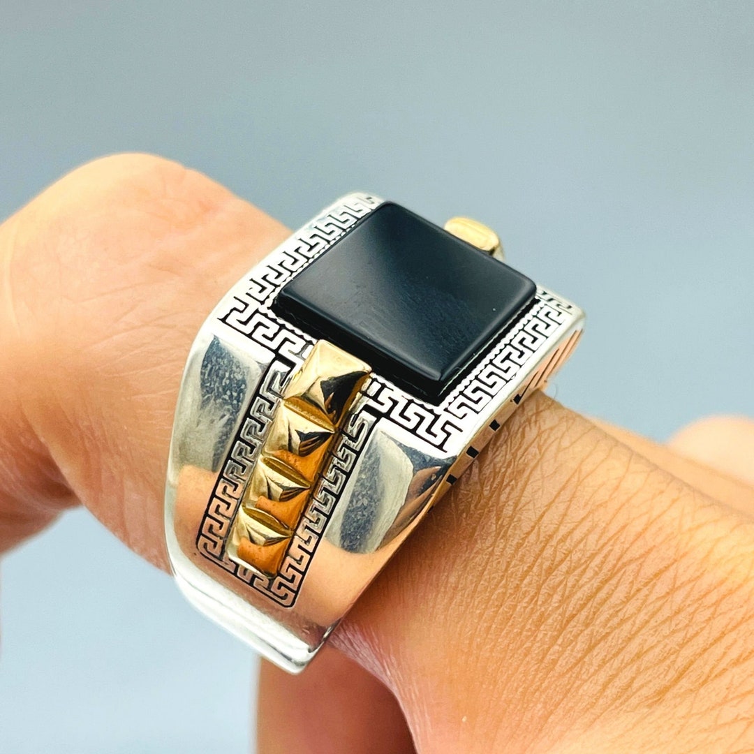 Men's Black Onyx Square Stone Handmade Silver Ring, Classic Style Elegant Ring, 925 Sterling ...