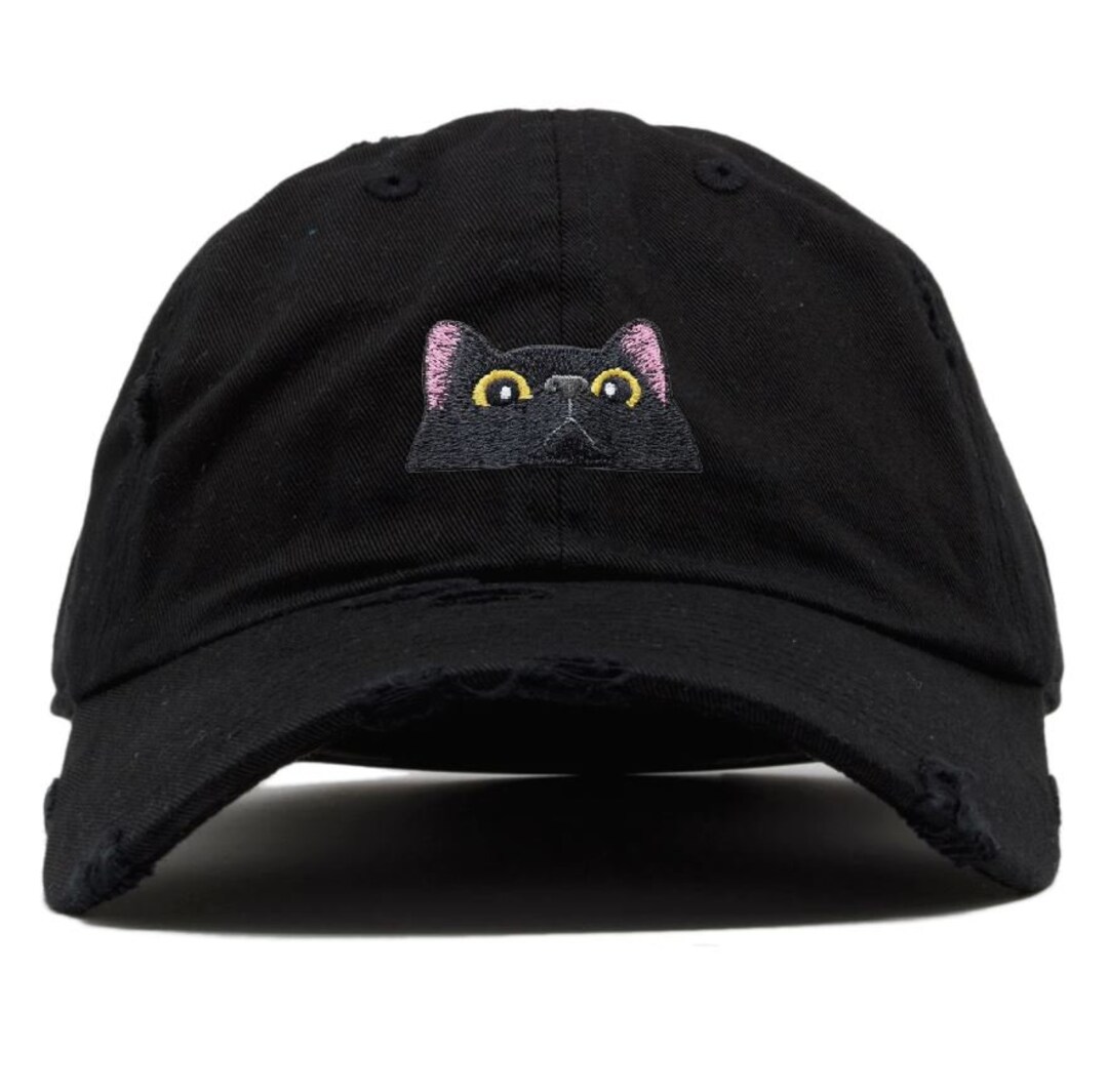 Black Distressed Cap With Peekaboo Cat Embroidery - Playful Feline Hat ...