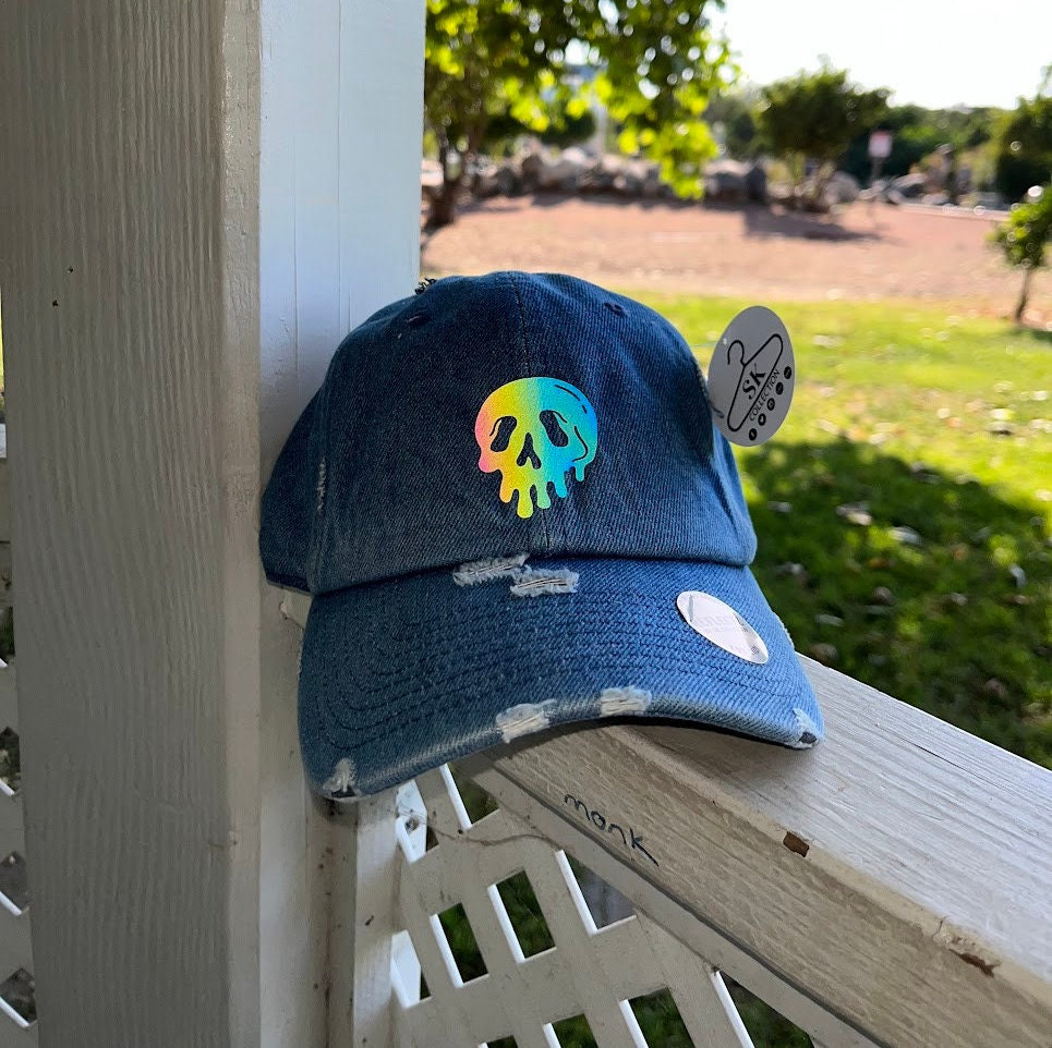 Dripping Skull Dad Hat/baseball Cap Reflective Holographic - Etsy