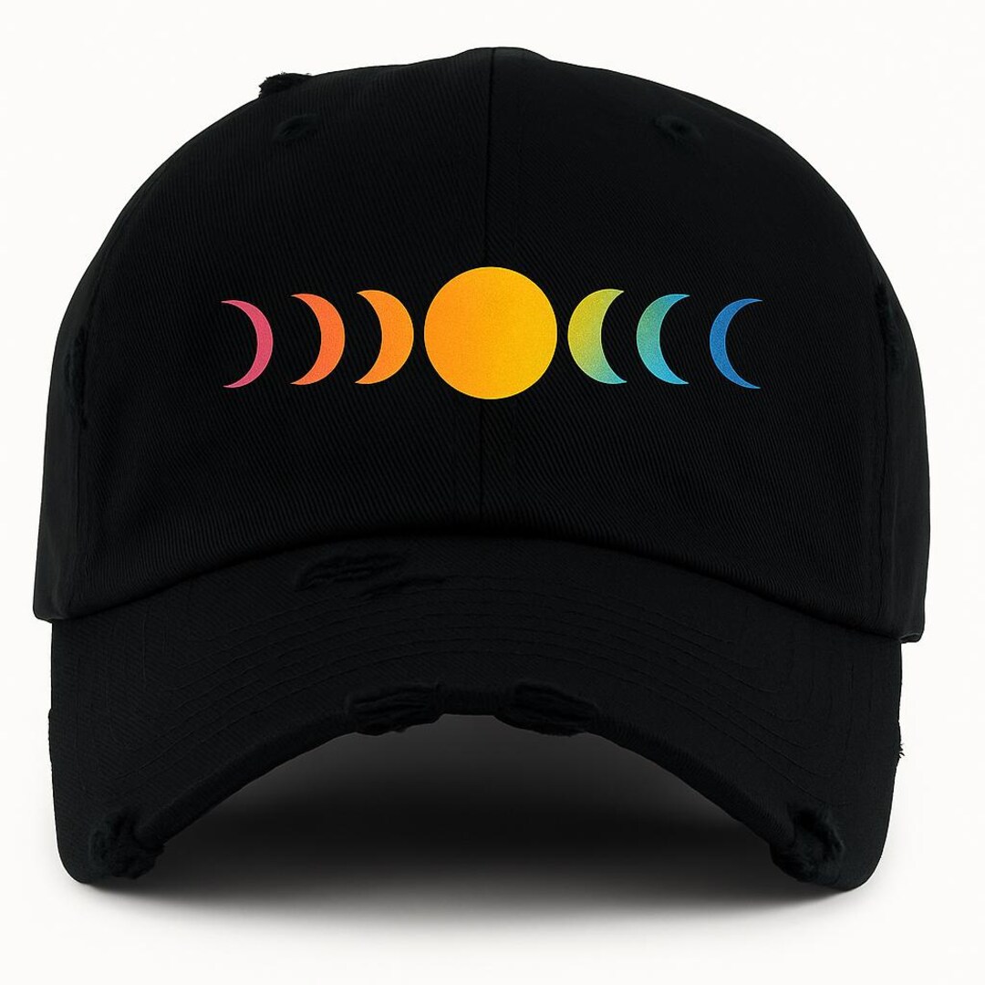 Holographic Moon Phase Hat – Reflective Distressed Dad Hat | Black ...