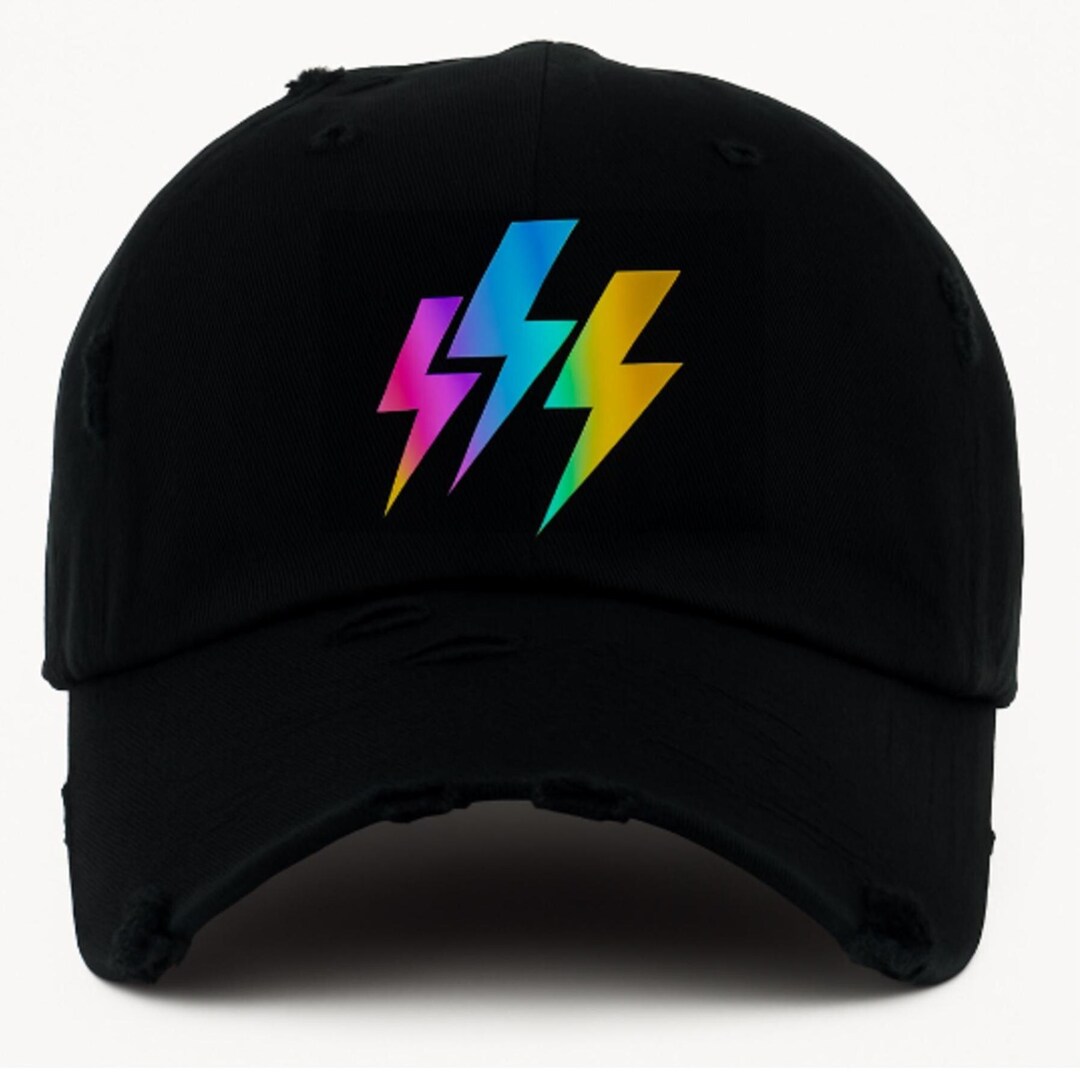 Holographic Reflective Lightning Bolt Hat – Black Distressed Dad Cap ...