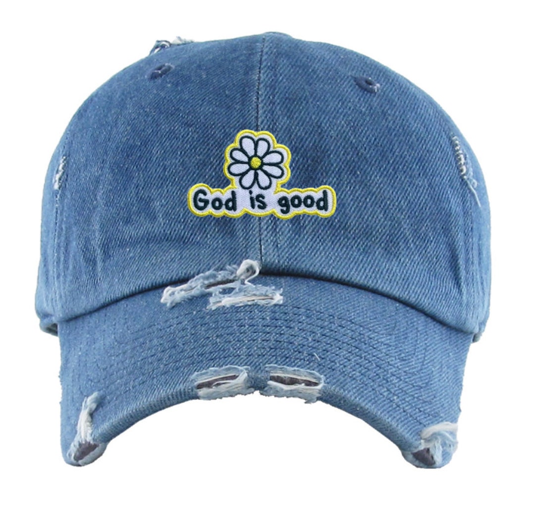 Distressed Denim Cap With 'god is Good' Motto and Daisy Flower ...