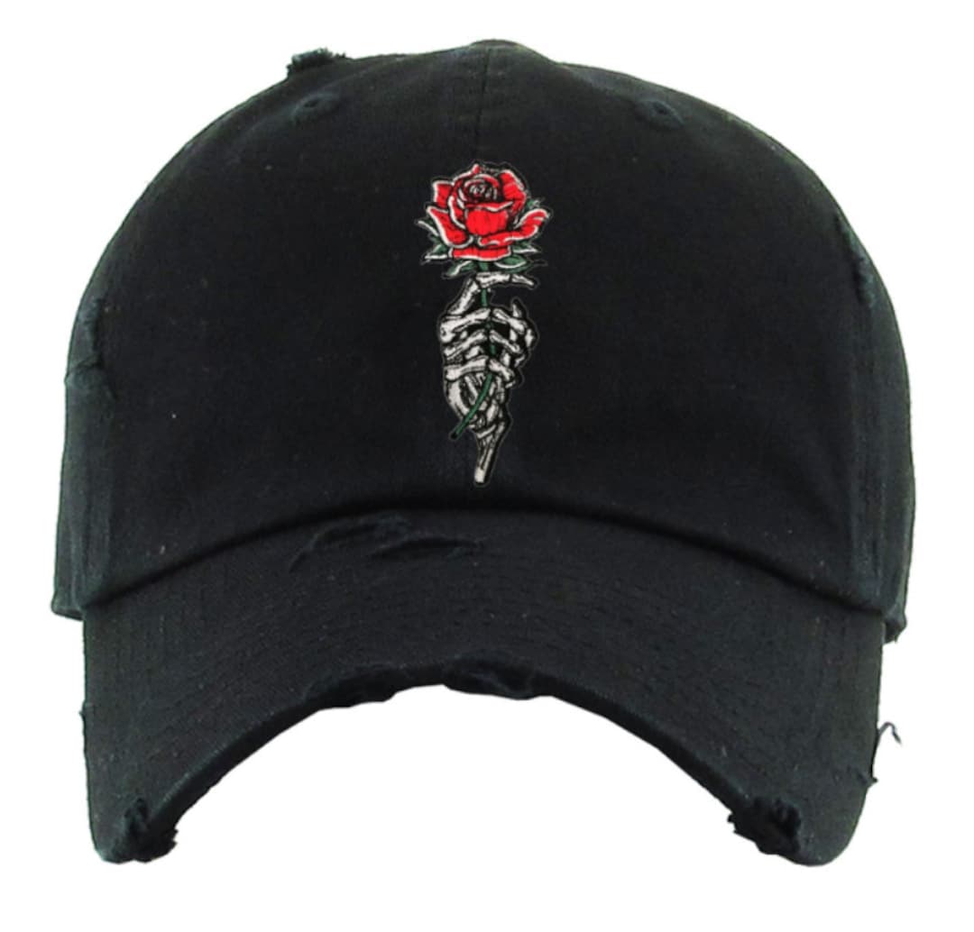 Edgy Skeleton Rose Hat – Black Distressed Embroidered Dad Cap | Floral ...