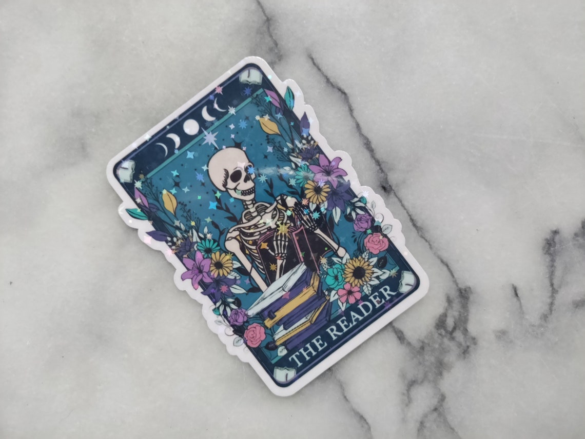 Holographic Reader Tarot Card Sticker Spooky Books Skeleton - Etsy