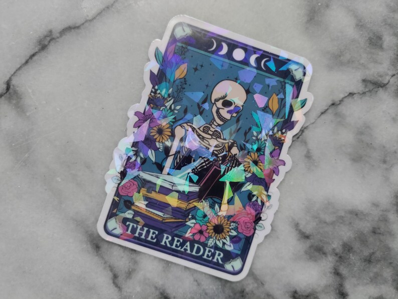 Holographic Reader Tarot Card Sticker Spooky Books Skeleton - Etsy