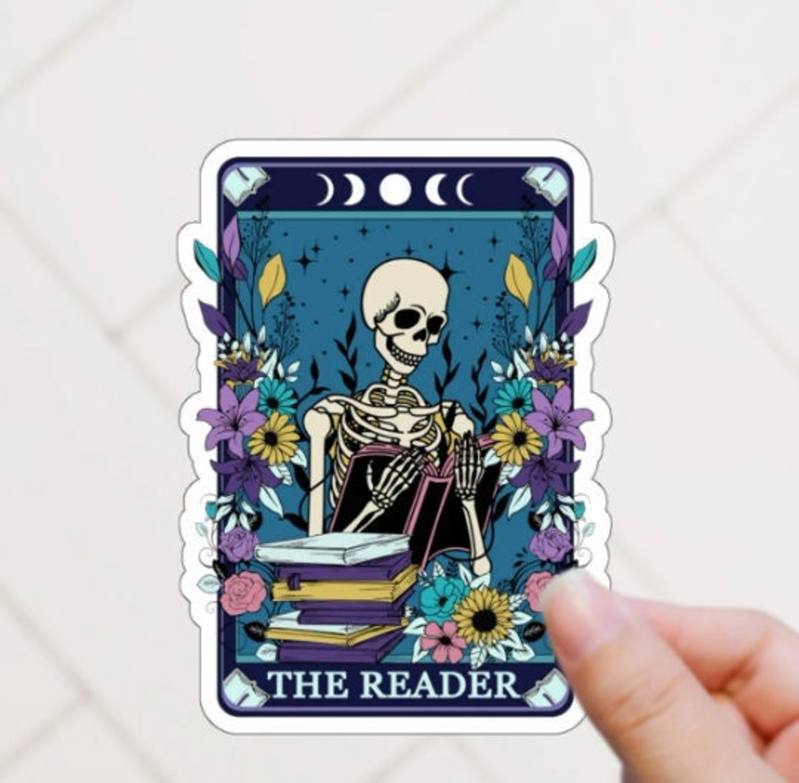 Pastel Goth Reader Tarot Card Sticker Spooky Books Skeleton Sticker ...