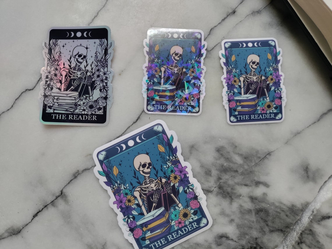 Holographic Reader Tarot Card Sticker Spooky Books Skeleton - Etsy