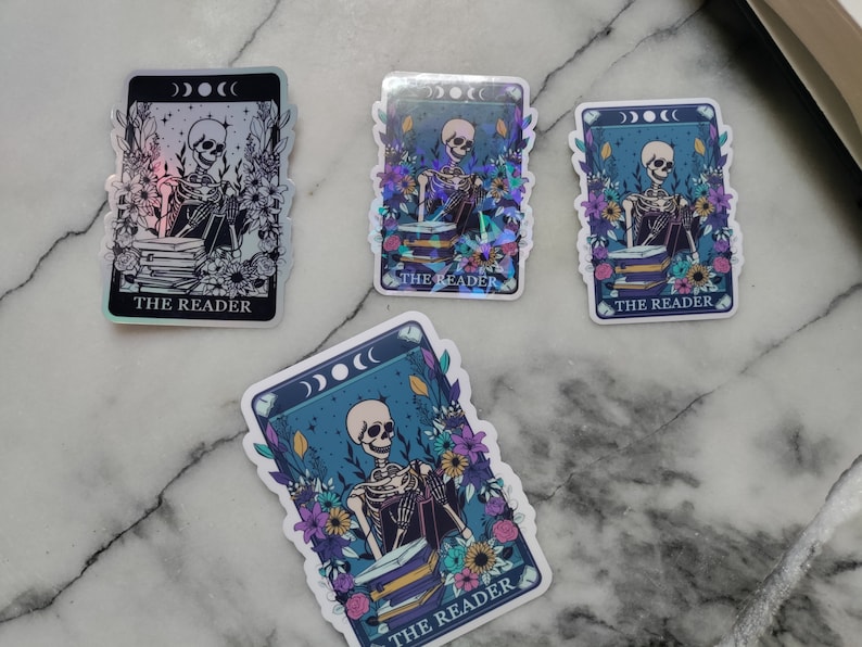 Holographic Reader Tarot Card Sticker Spooky Books Skeleton - Etsy