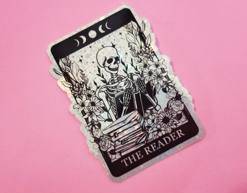 Holographic Reader Tarot Card Sticker Spooky Books Skeleton - Etsy