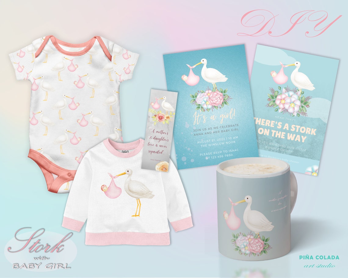 Stork With Baby Girl Clipart Baby Shower DIY Digital PNG - Etsy
