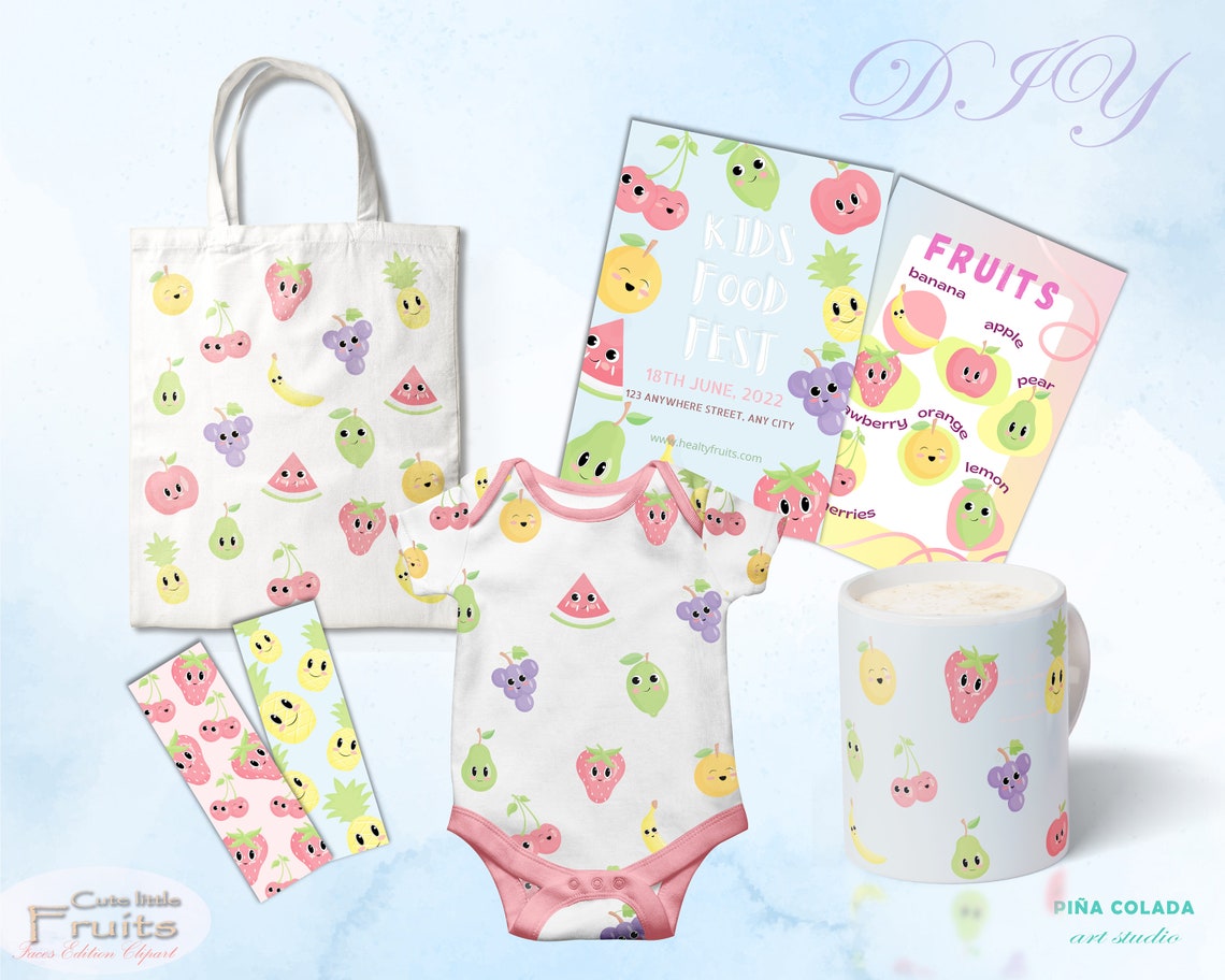 Fruits Clipart- Smiling Faces, Apple, Cherries, Pineapple, Strawberry ...