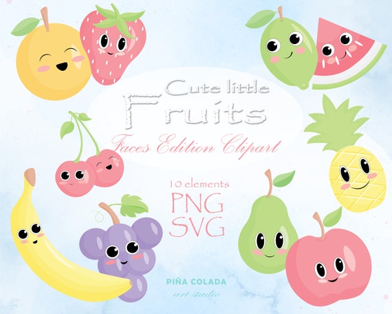 Fruits Clipart Smiling Faces Apple Cherries Pineapple | Etsy