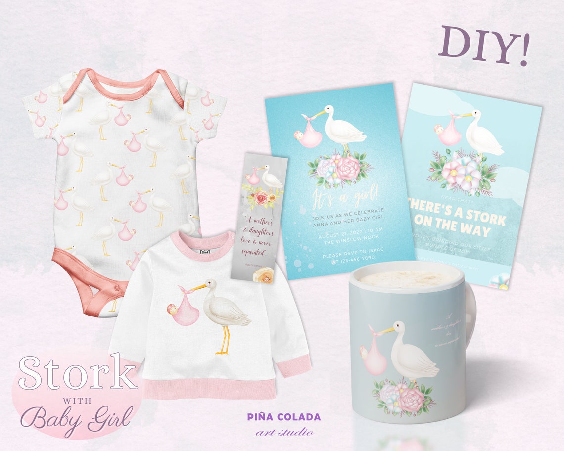 Stork With Baby Girl Clipart - Baby Shower, DIY, Digital, PNG - Etsy