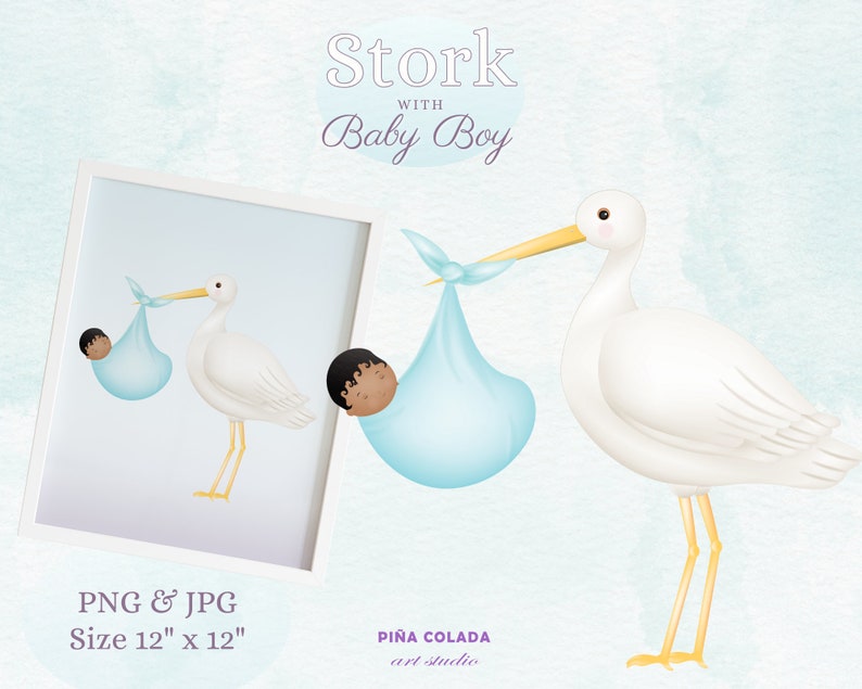 Stork With Black Baby Boy Clipart - Baby Shower, DIY, Digital, PNG - Etsy