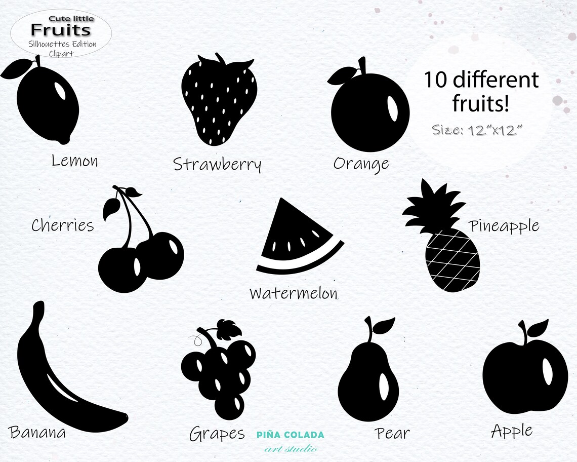 Fruits Clipart Silhouettes, Apple, Cherries, Pineapple, Strawberry ...