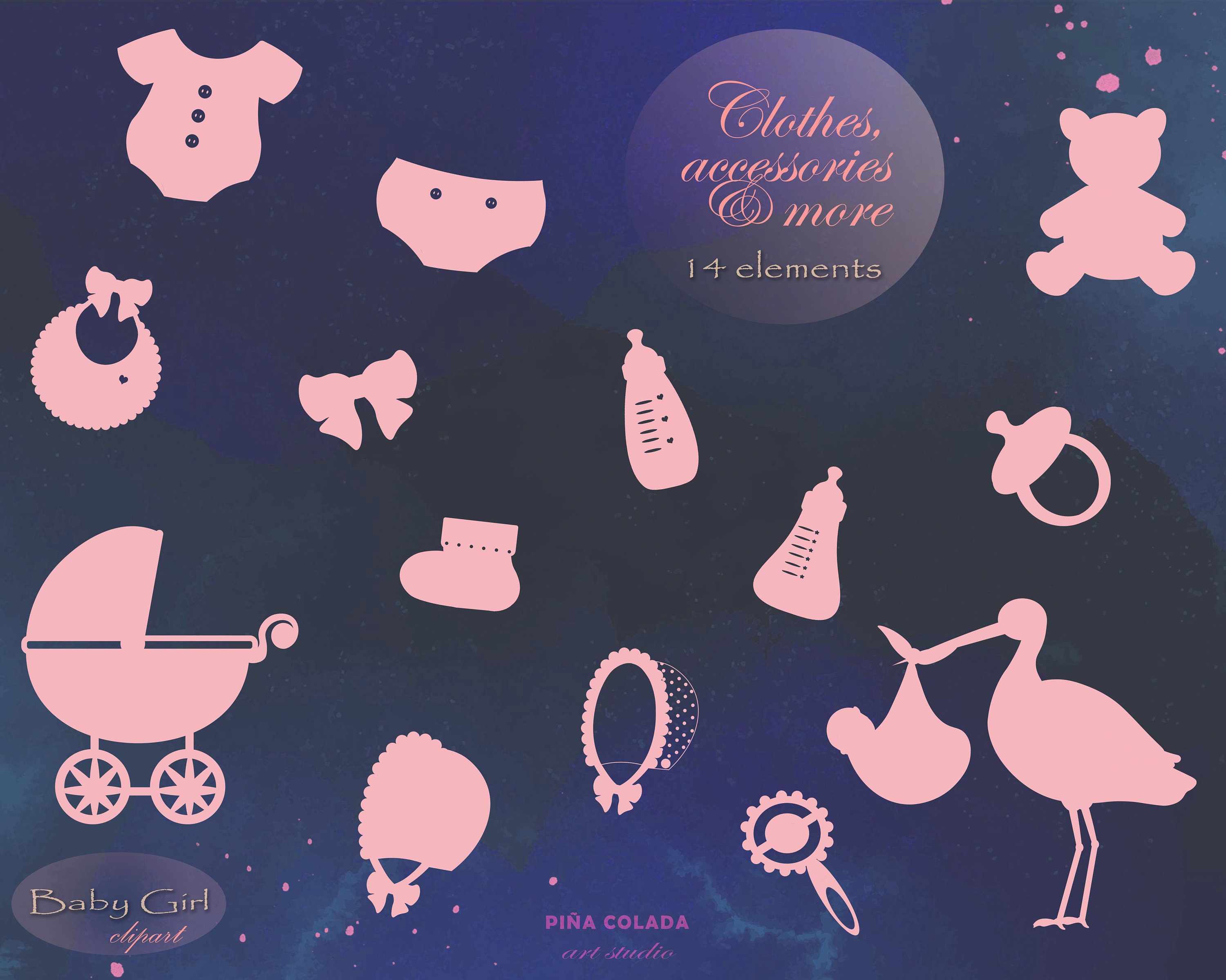 Baby Girl Clipart - Baby Shower, Stroller, Stork, Clothes, Pink ...