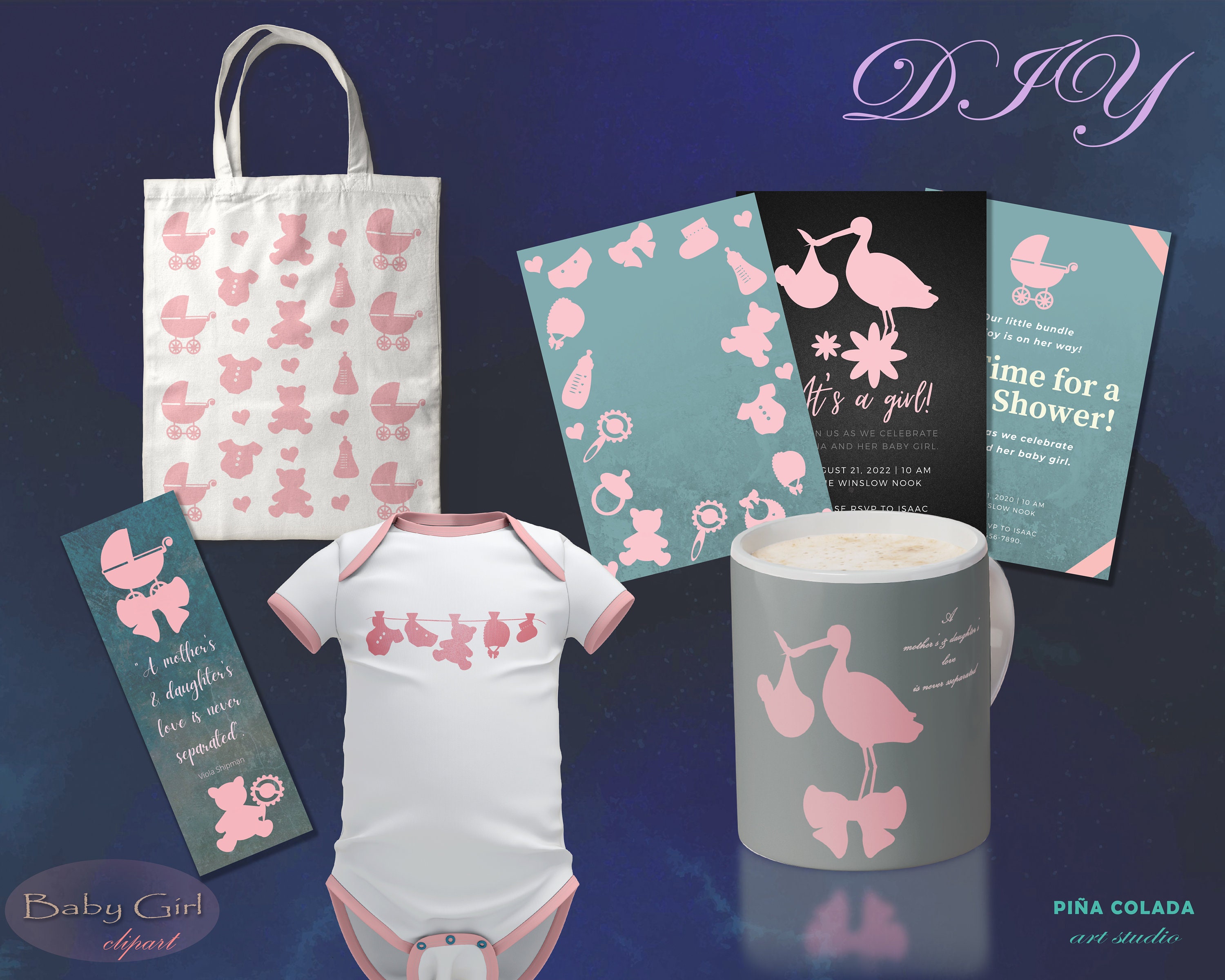 Baby Girl Clipart - Baby Shower, Stroller, Stork, Clothes, Pink ...