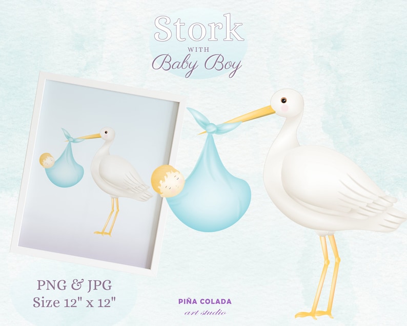 Stork With Baby Boy Clipart - Baby Shower, DIY, Digital, PNG - Etsy Canada