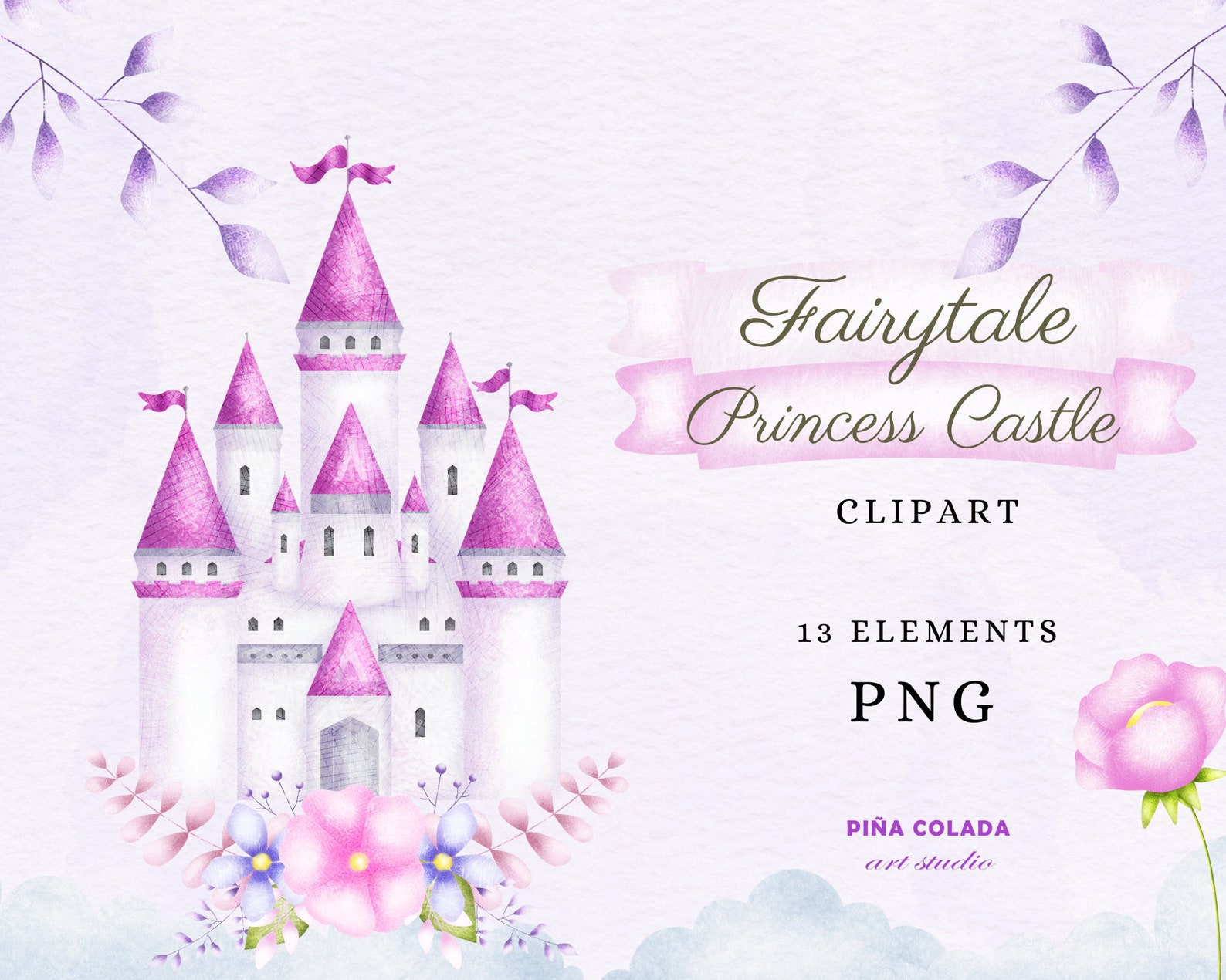 Fairytale Princess Castle - Clipart, Pink, Girl, Baby, Flowers, Clouds ...