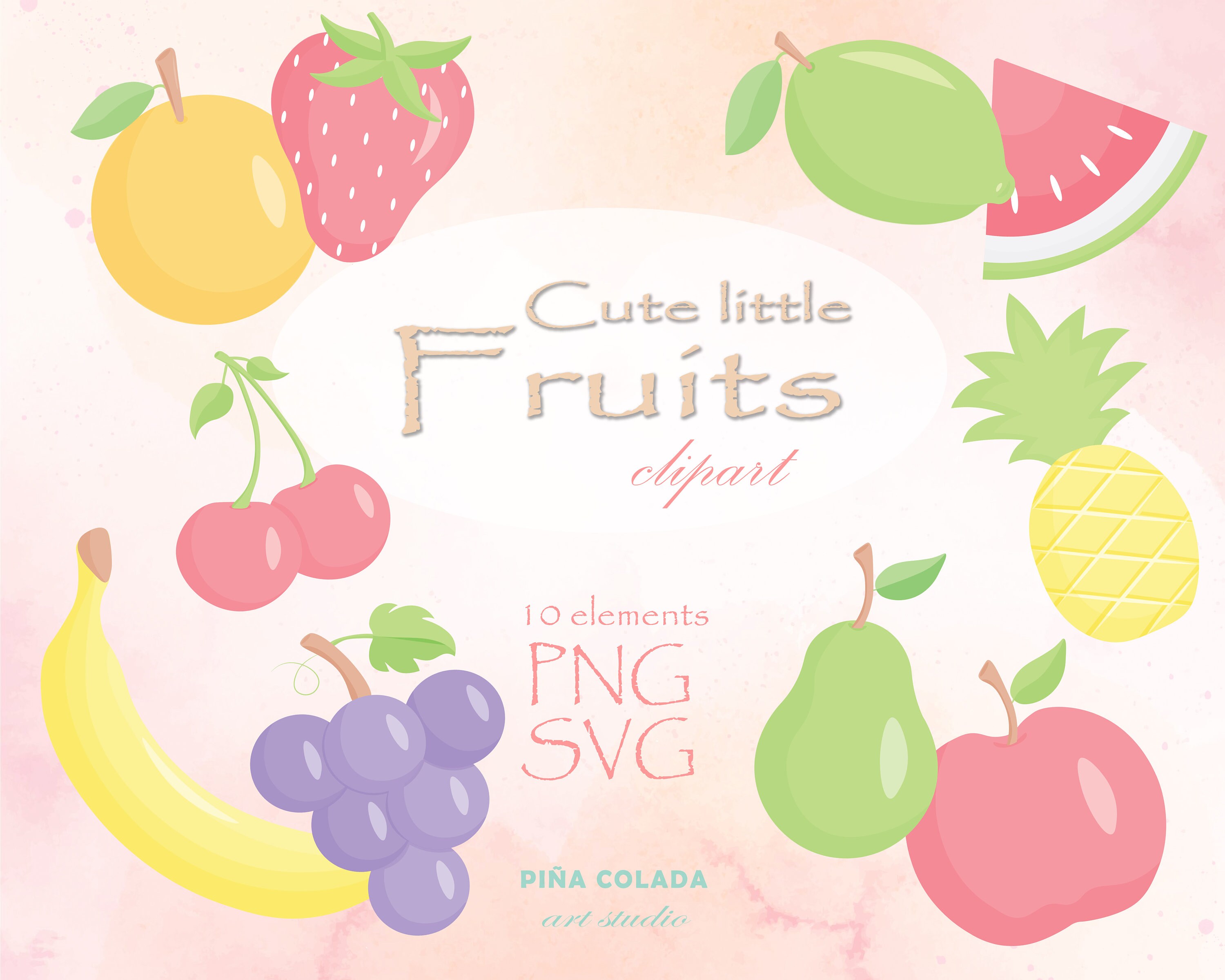 Fruits Clipart Apple, Cherries, Pineapple, Strawberry, Grapes ...