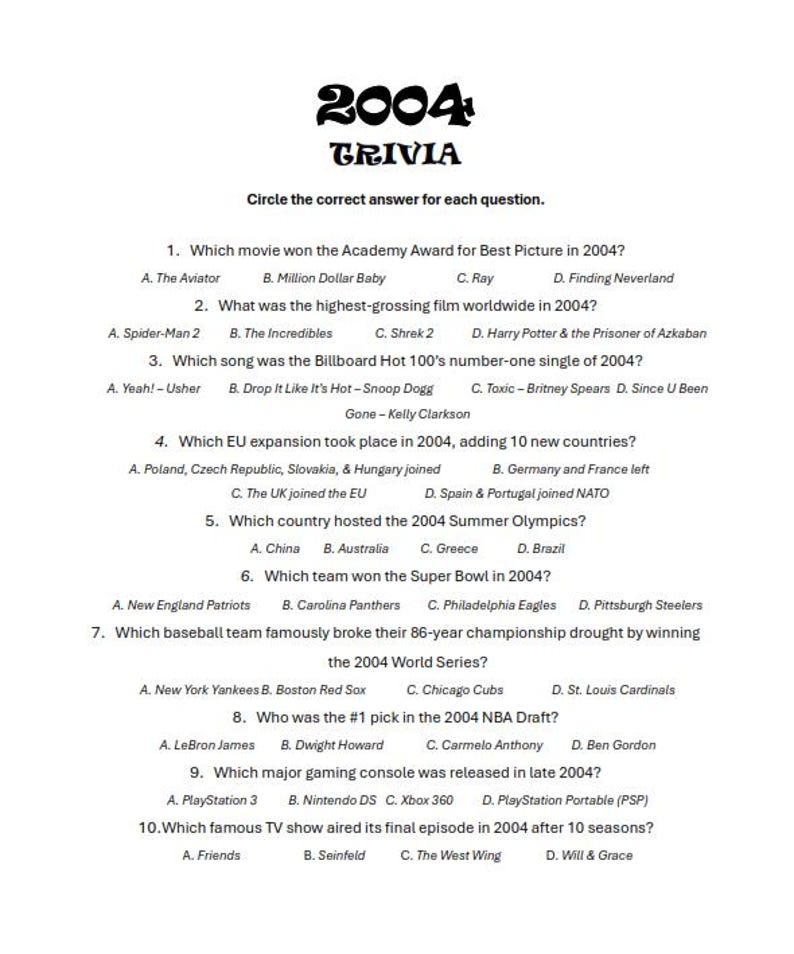 2004 Trivia Game Printable – 2000s Party Game, Instant Download, 21st ...