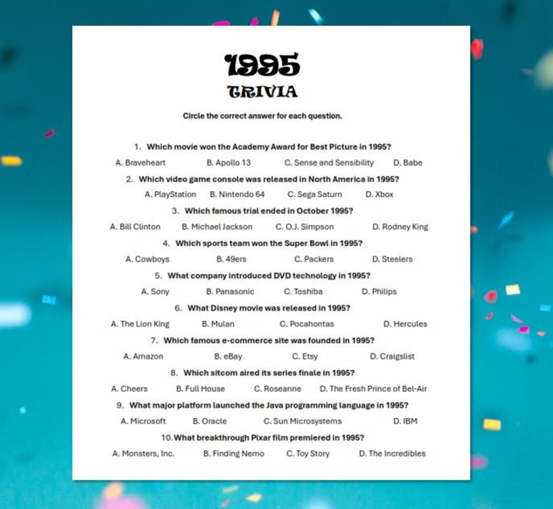 1995 Trivia Game Printable – 90s Party Game, Instant Download, 90s ...