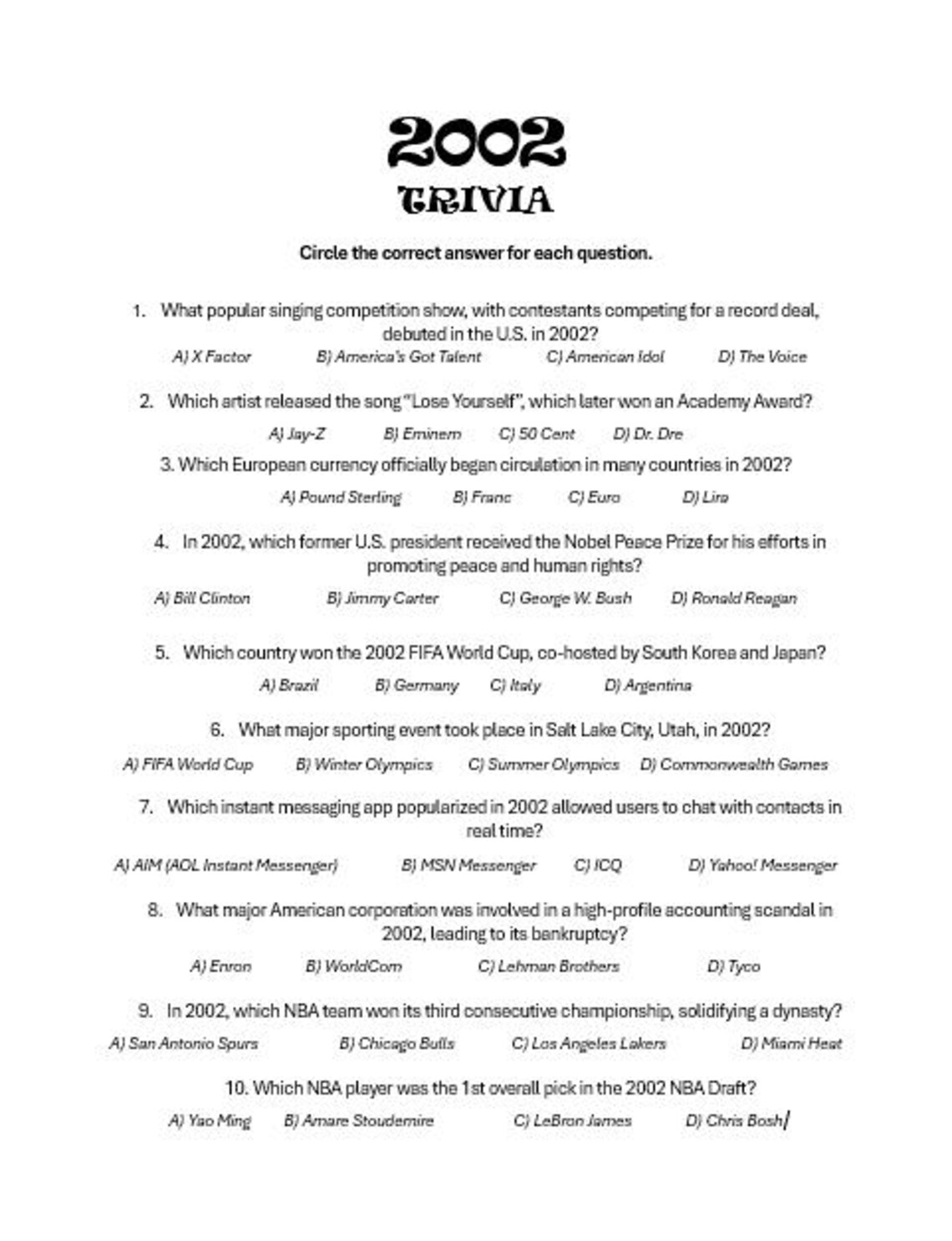 2002 Trivia Printable Game: Birthday Party Quiz (digital Download) - Etsy