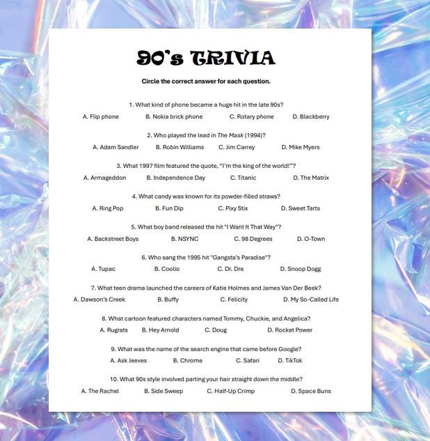 90's Trivia Game Printable – 90s Party Game, Instant Download, Birthday ...