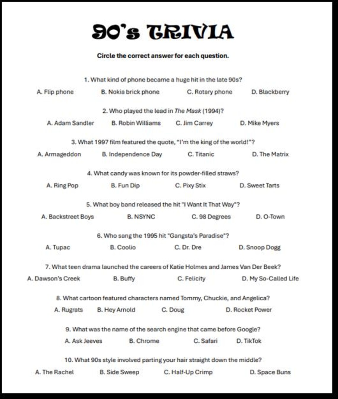 90's Trivia Game Printable – 90s Party Game, Instant Download, Birthday ...