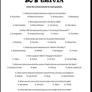 90's Trivia Game Printable – 90s Party Game, Instant Download, Birthday ...