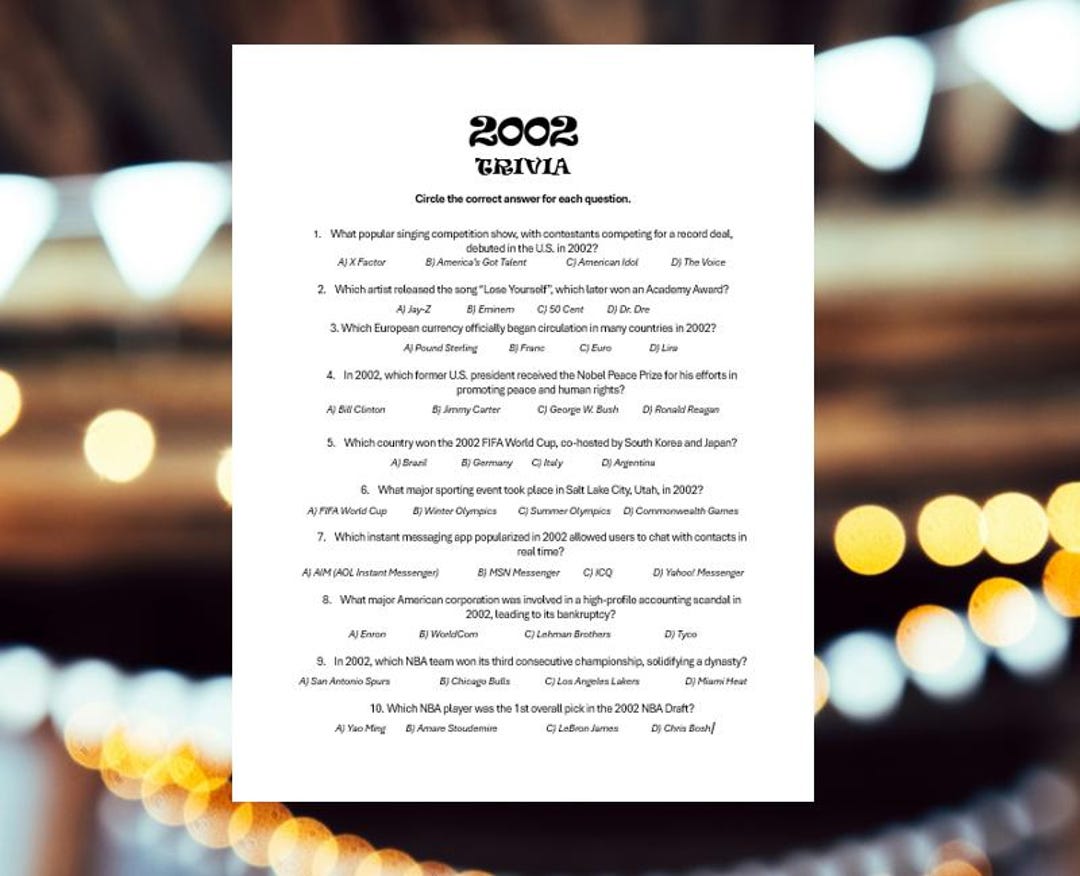 2002 Trivia Printable Game: 21st Birthday Fun Quiz for Party - Etsy