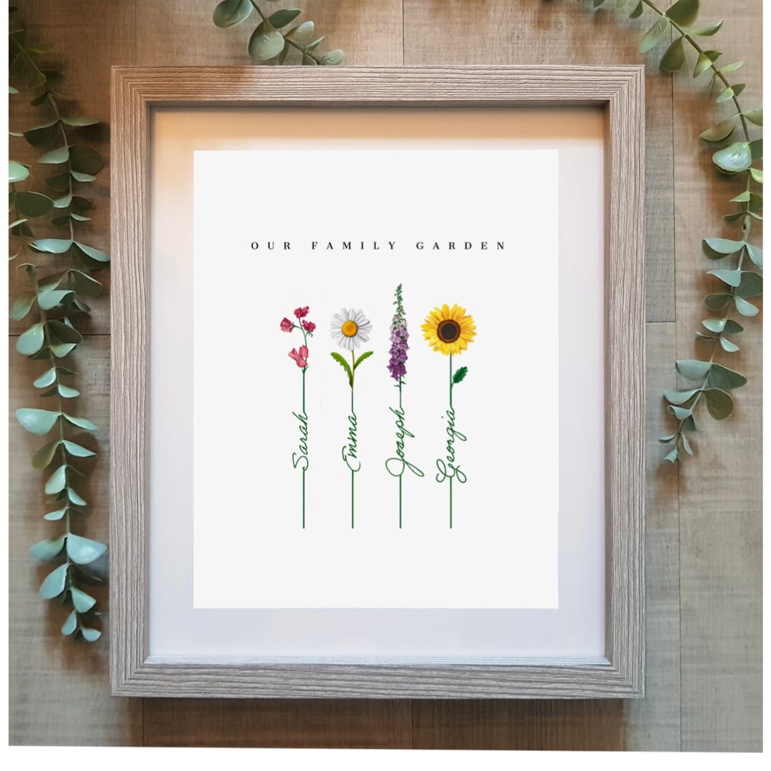 Personalised Family Flower Stem Print for Mums Birthday, Birth Flower ...
