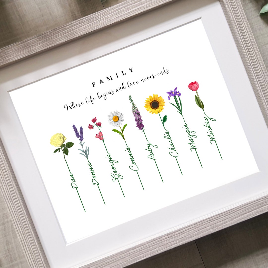 Personalised Family Flower Stem Print for Mums Birthday, Birth Flower ...