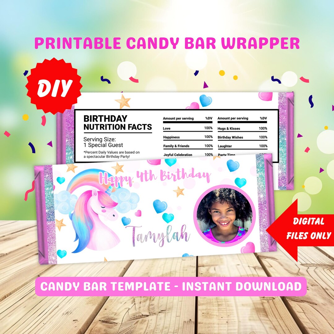 Unicorn Candy Bar Wrapper, Rainbow Unicorn Birthday Party Favor for ...
