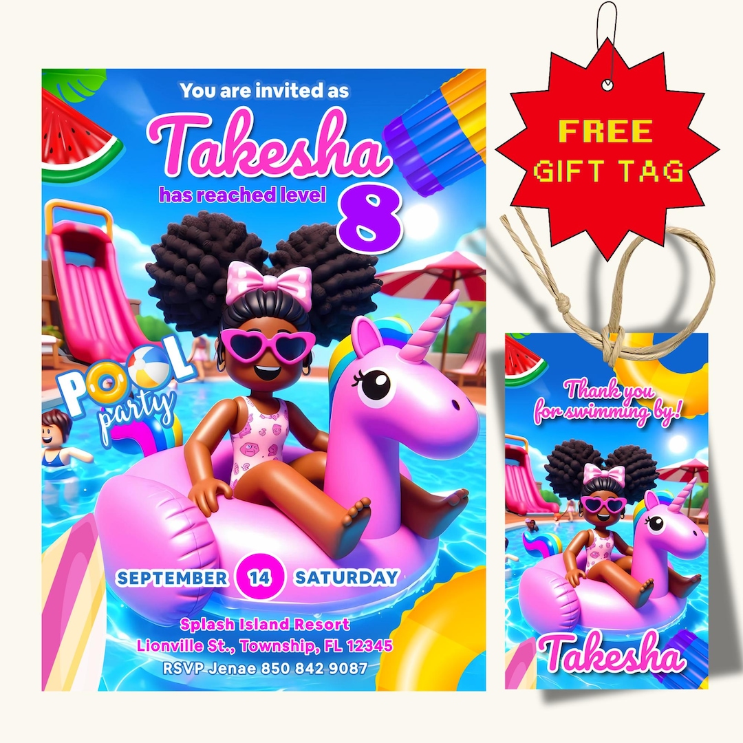 Roblox Pool Party Birthday Invitation, Pool Party Invite, Roblox Girl ...