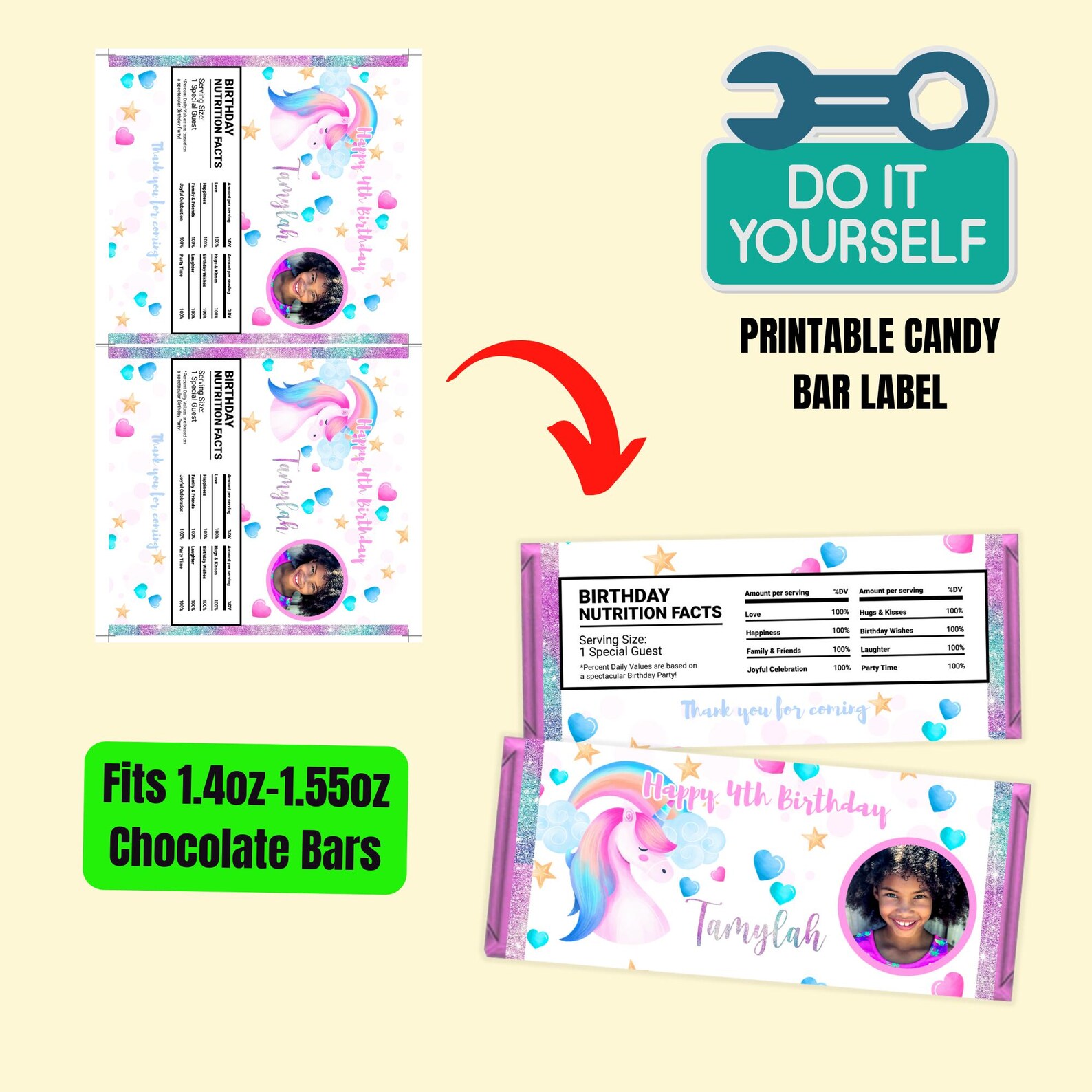 Unicorn Candy Bar Wrapper, Rainbow Unicorn Birthday Party Favor for ...
