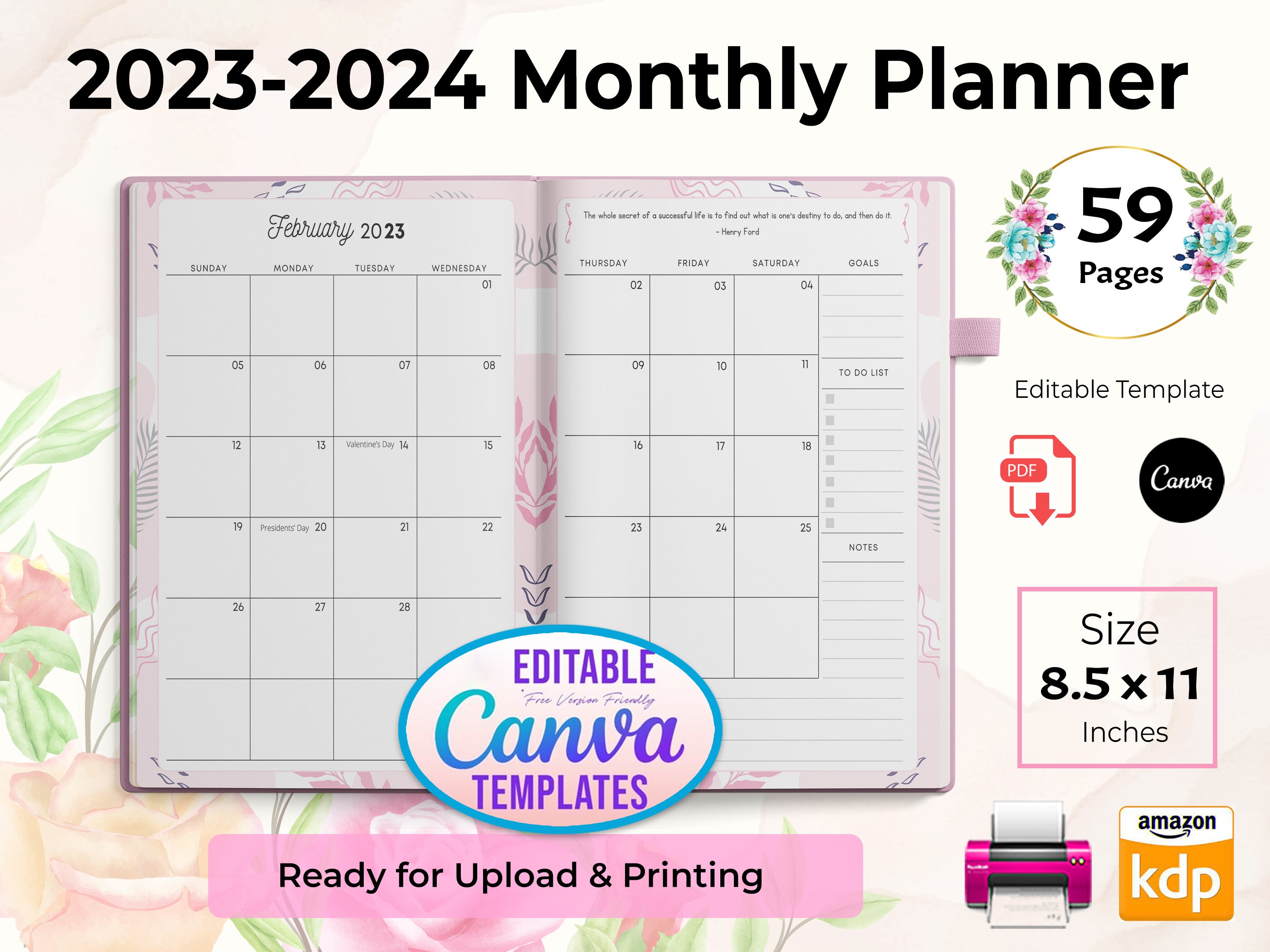 2023-2024 Monthly Planner CANVA Template / Dated Planner / Kdp ...
