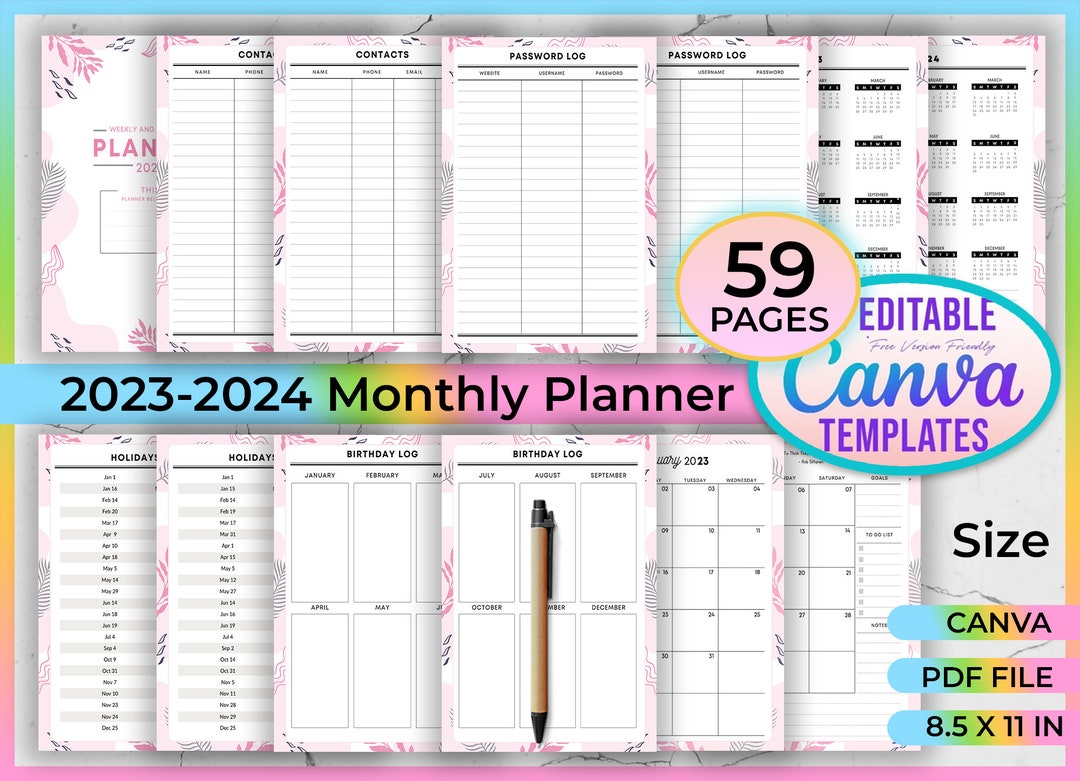 2023-2024 Monthly Planner: Editable Canva Template (PDF) - Etsy